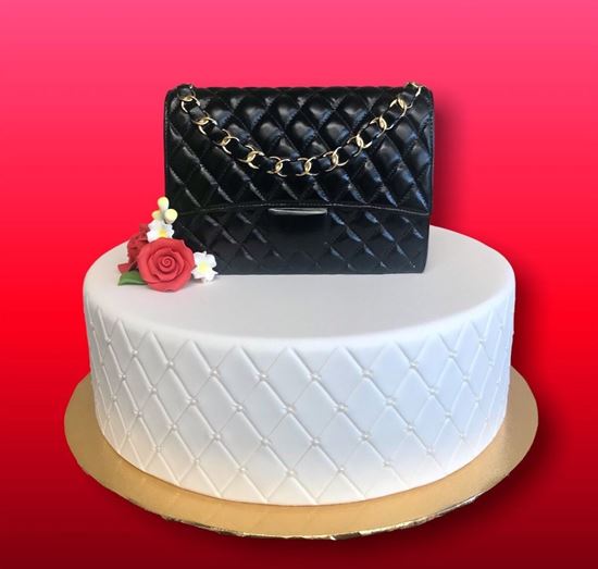 Elegant Cakery. Black & Silver Designer Handbag Cake Topper